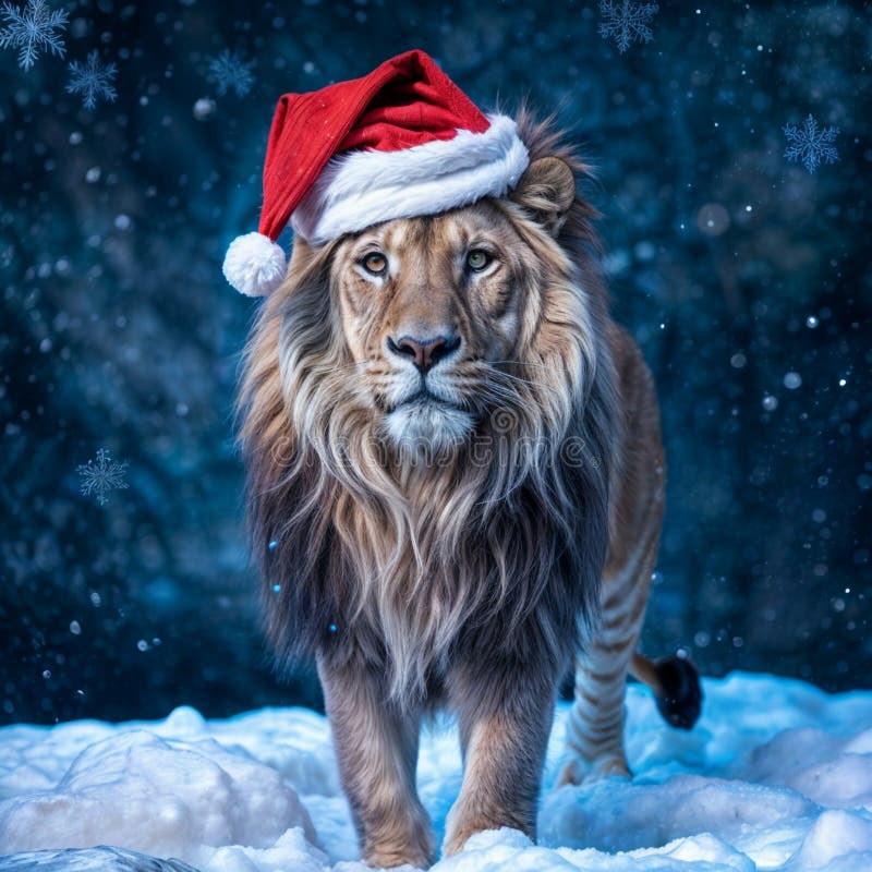 Christmas Lion in Santa Hat Stock Illustration - Illustration of snow ...