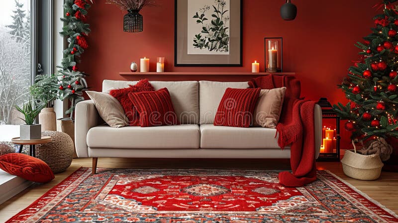 Christmas Living Room Interior with Red Sofa, Fireplace and Christmas ...