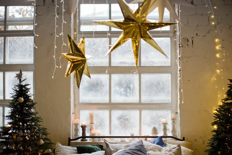 Christmas Loft Bedroom with Decorations and Lights Stock Image - Image ...