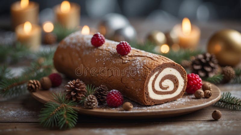 Christmas Log Dessert on a Table for Christmas Dinner. Stock Image ...