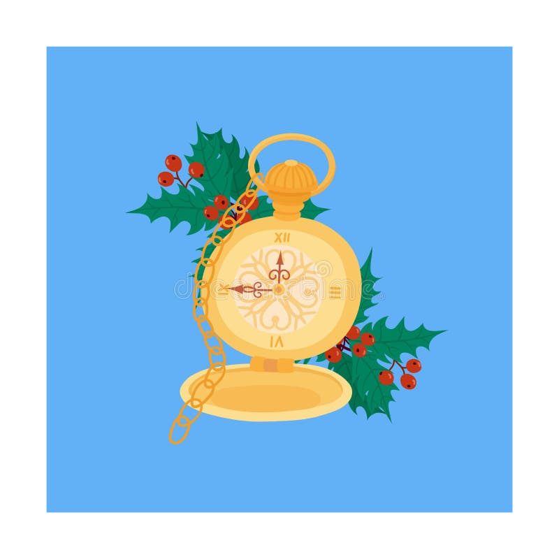 Christmas Magic Time. Retro Watch on Chain and Holly Stock Vector ...