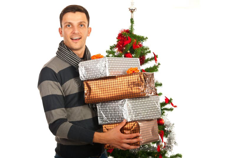 Christmas Man Holding Stack of Gifts Stock Image - Image of shot, gifts ...