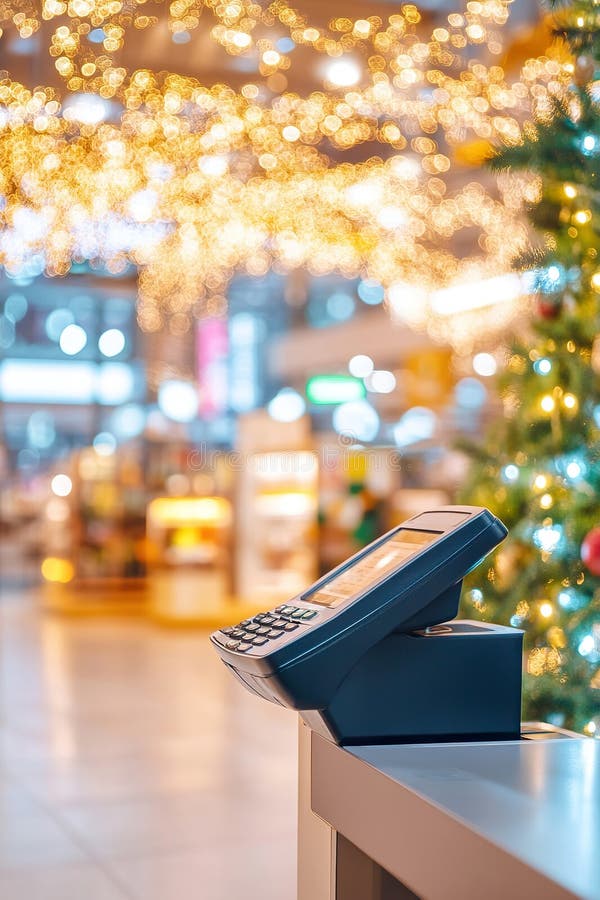 Christmas Market Payment Terminal with Festive Lights and Decorated ...