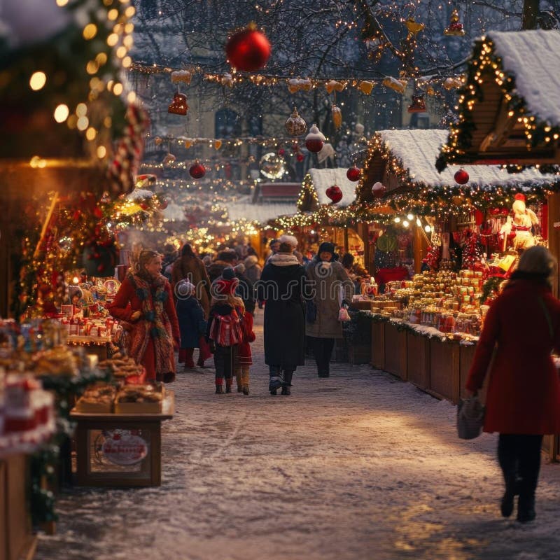 Christmas Market with Snow and Festive Lights Stock Illustration ...