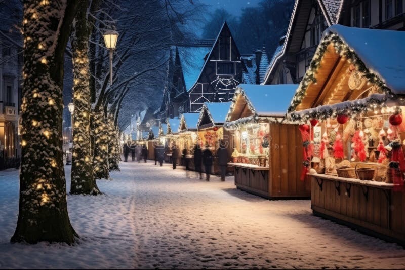 Christmas Market with Snow and Illuminated Decorations during Winter ...