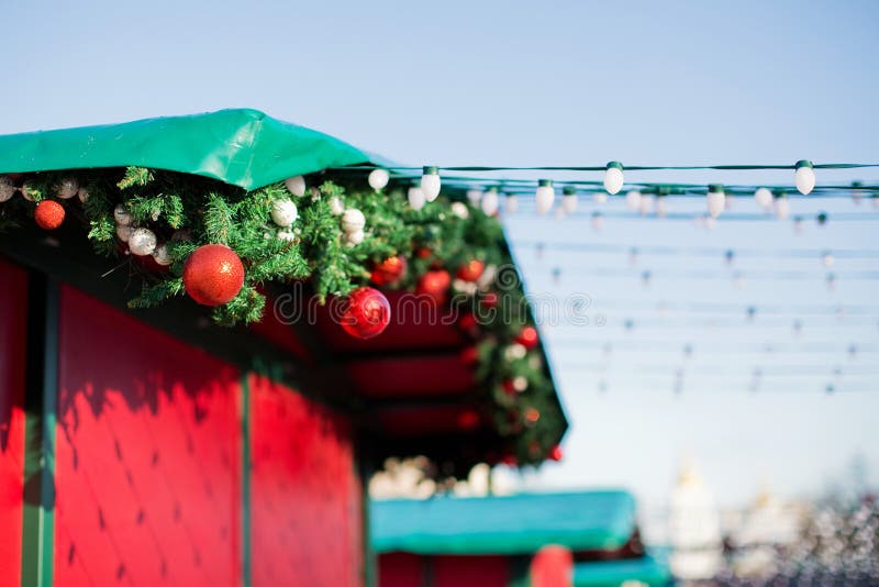Christmas Market Stall with Decorations Stock Photo - Image of food ...