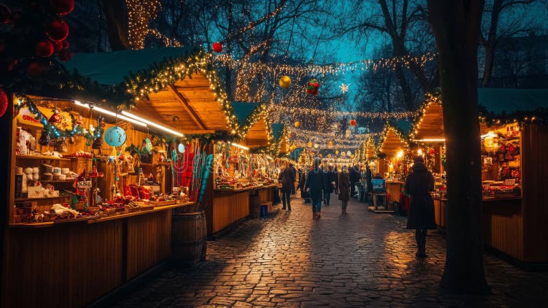 Christmas Market Stalls Lined with Festive Lights and Decorations Stock ...