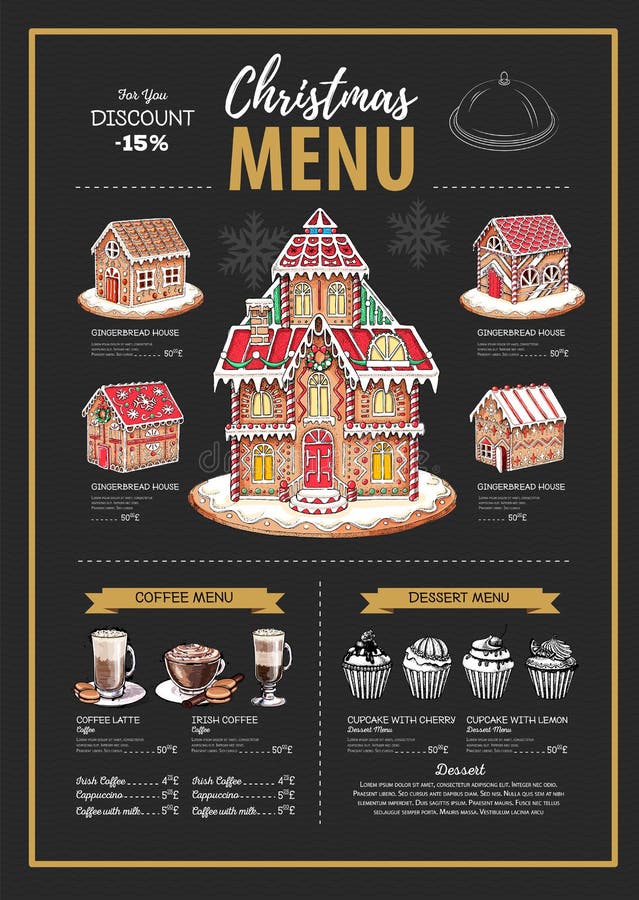Christmas Menu Design with Sweet Gingerbread House, Coffee and Cupcakes ...