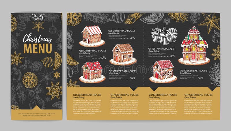 Christmas Menu Design with Sweet Gingerbread House and Cupcakes ...