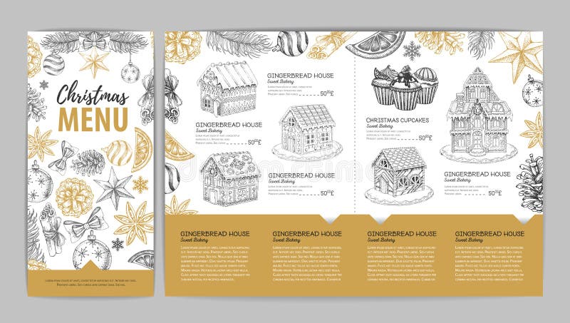 Christmas Menu Design with Sweet Gingerbread House and Cupcakes ...