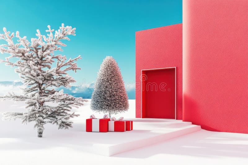 Christmas Minimalist Winter Scene with Gift Boxes and Snowy Trees Stock ...