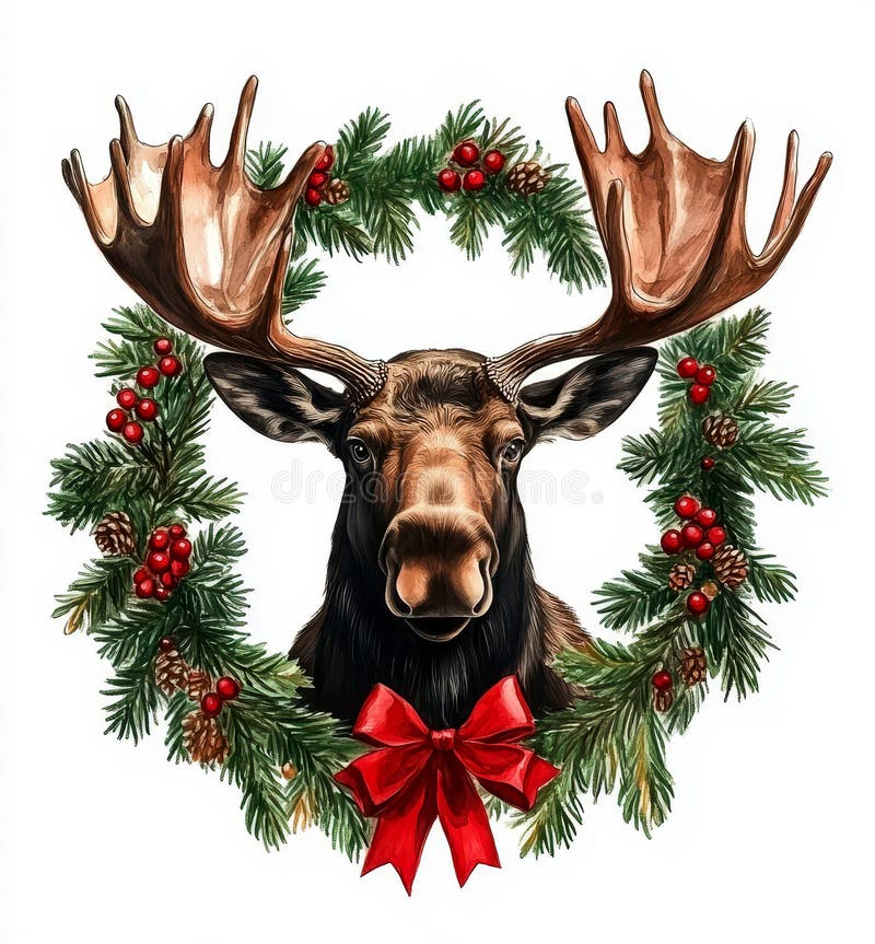 Christmas Moose Head with Red Bow and Christmas Wreath on White ...