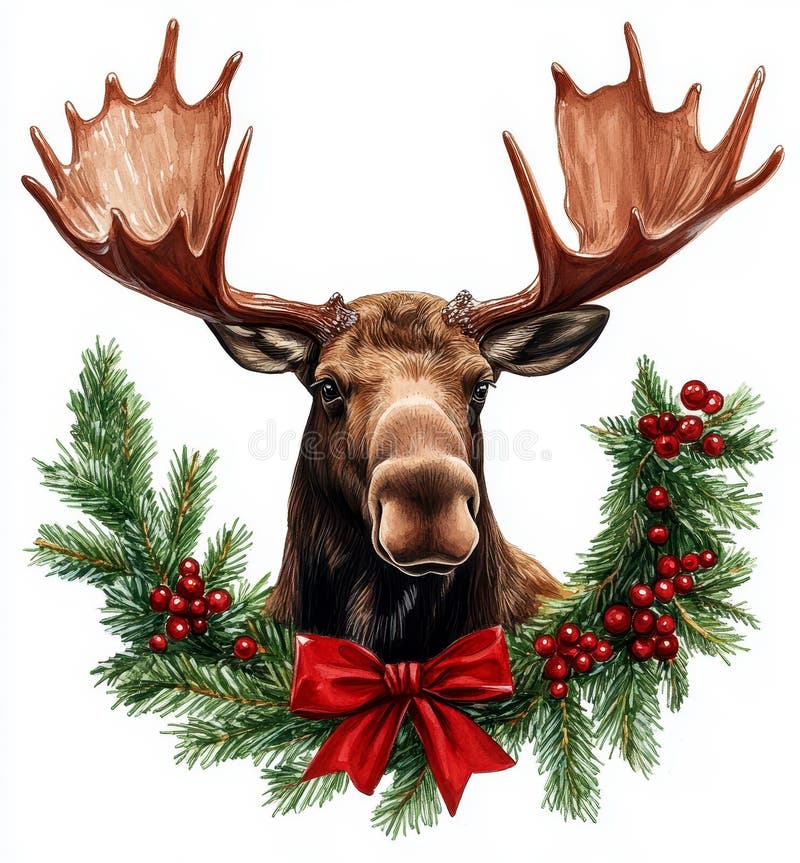 Christmas Moose Head with Red Bow and Christmas Wreath on White ...