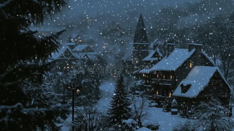 Christmas Morning Snow Gently Falling Over Rooftops and Trees Stock ...