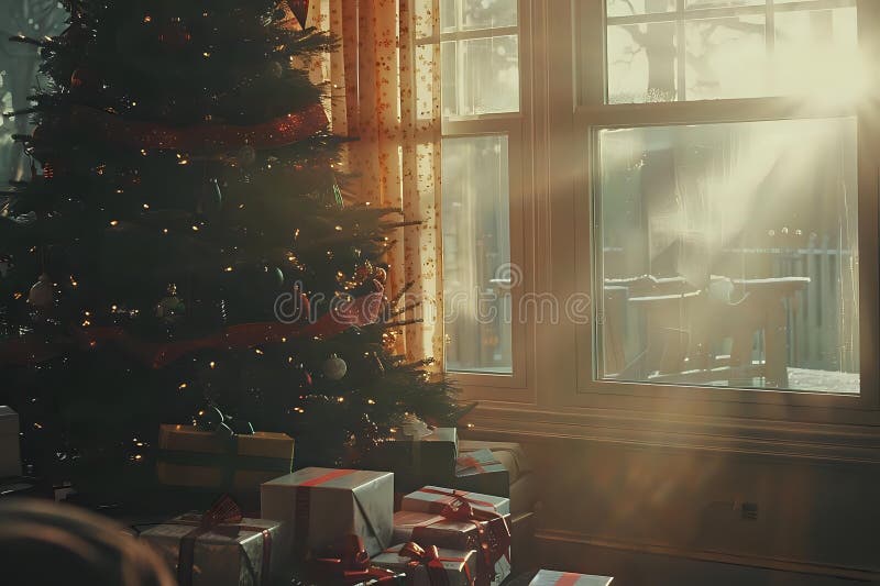 Christmas Morning Sunlight: Tree, Gifts, and Window View Stock ...