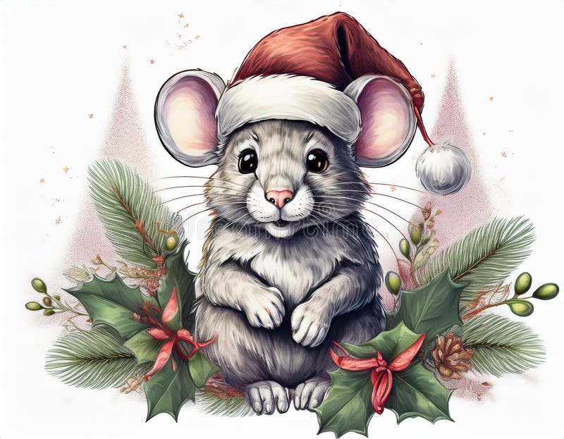 Christmas Mouse with Santa Hat Cartoon Stock Image - Image of card ...