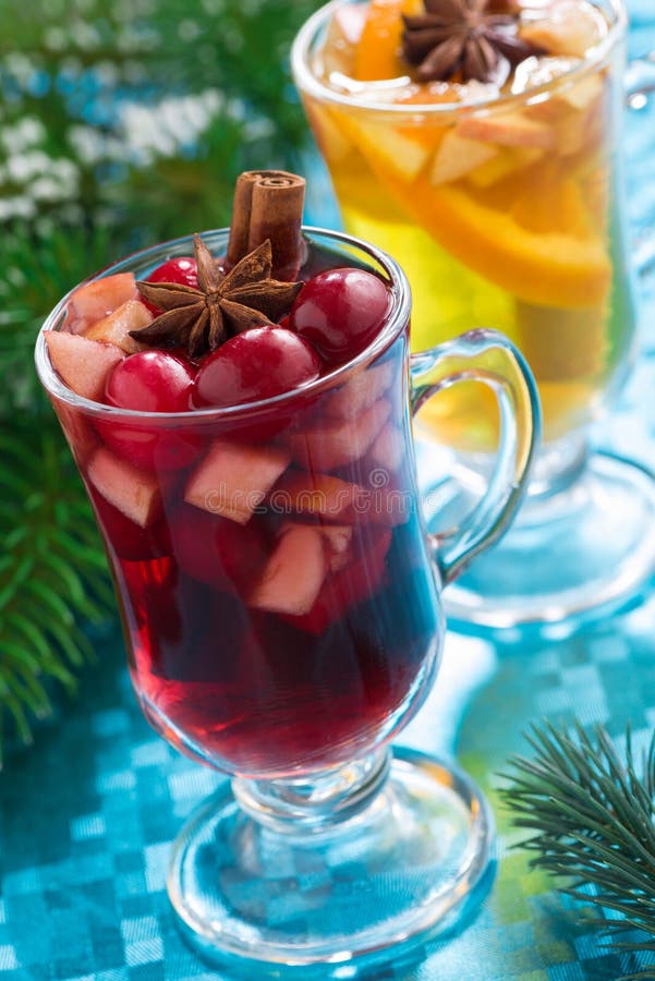 Christmas Mulled Wine and Apple Cider on a Blue Background Stock Photo ...