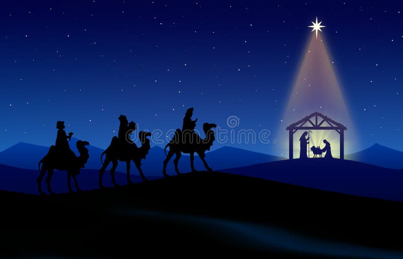Blue Christmas Nativity Scene. Greeting Card Background. Stock ...