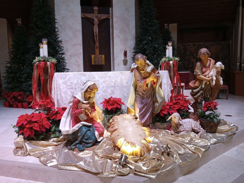 Christmas Nativity Scene in Front of Altar Stock Image - Image of ...
