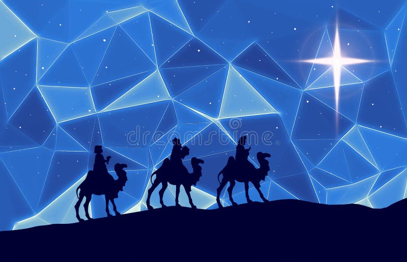 Christmas Nativity Scene on Blue Low-poly Background Stock Illustration ...