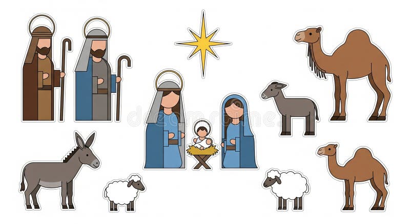 Christmas Nativity Scene Vector Illustration Sticker Set Stock ...