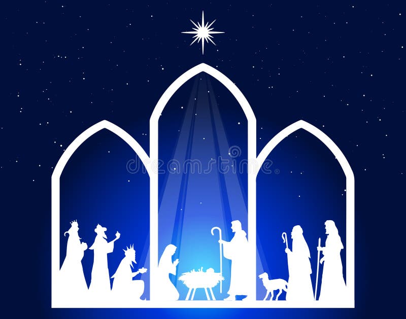 Blue Christmas Background on Wood Table with Nativity Scene and ...