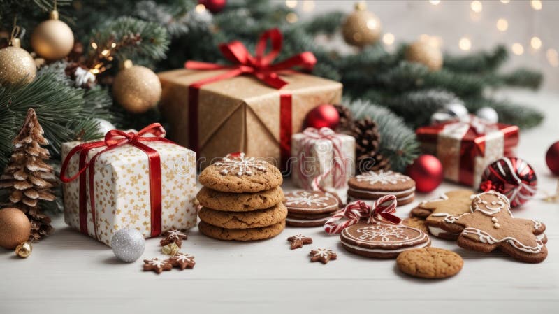 Christmas or New Year Holiday Layout with Christmas Props, Wrapped Gift ...