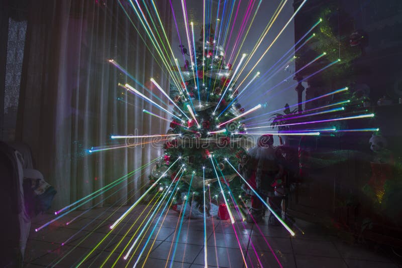 Christmas Night at Home with Fireworks Effect and Rainbow Lights ...