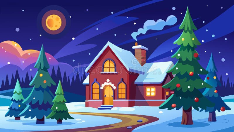 Christmas Night Illustration. Winter Landscape Scene House and ...