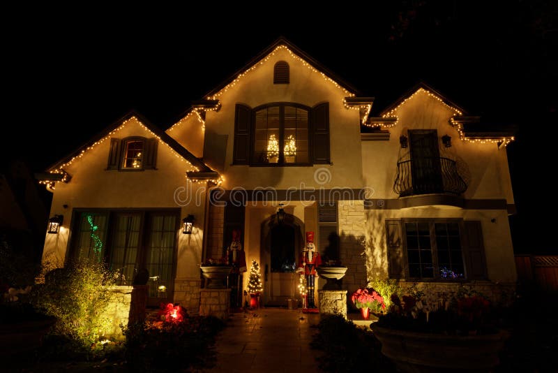 Christmas Night Lights Decorating a House Stock Photo - Image of ...