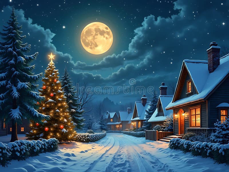 Christmas Night Scene with a Glowing Moon and Snowy Rooftops Stock ...