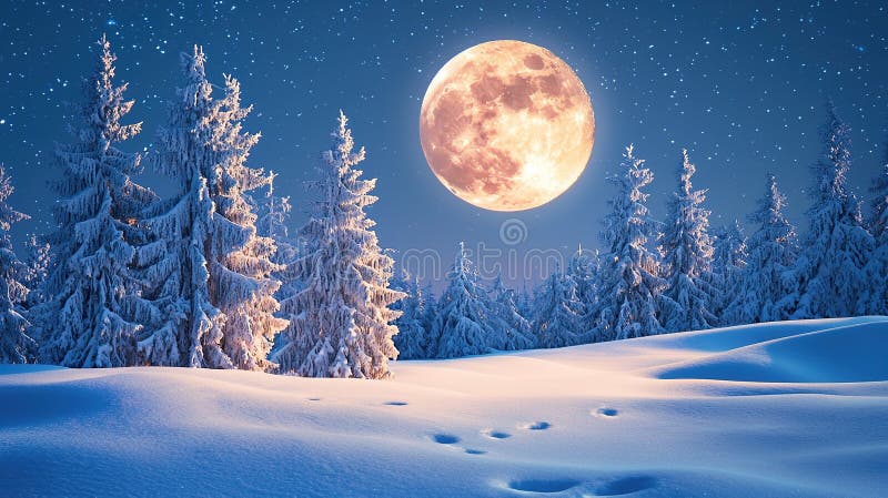 Christmas Night and the Snow Fields of North Pole with Full Moon ...