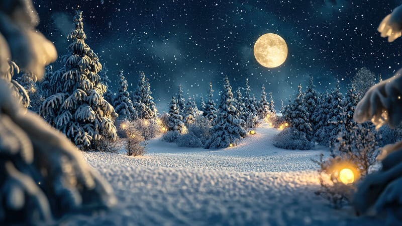 Christmas Night and the Snow Fields of North Pole with Full Moon ...