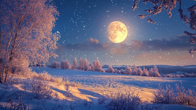 Christmas Night and the Snow Fields of North Pole with Full Moon ...