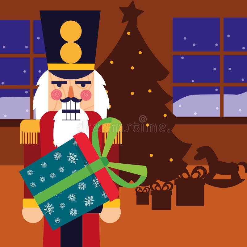 Christmas Nutcracker Holding Gift Box with Tree Stock Illustration ...