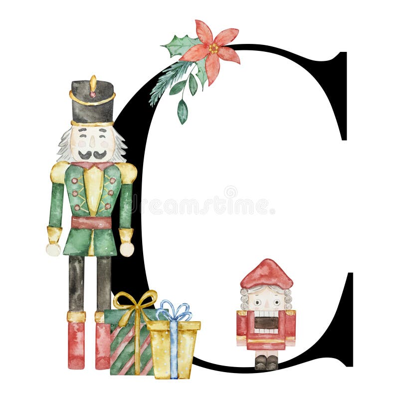 Christmas Nutcracker Letter C with Watercolor Soldier Stock ...