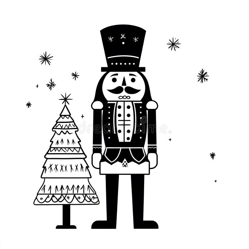 Christmas Nutcracker and Tree Silhouette Black and White Illustration ...