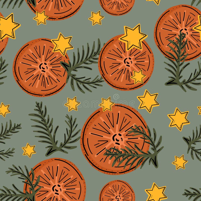 Christmas Orange Stars Pine Seamless Pattern Stock Vector ...