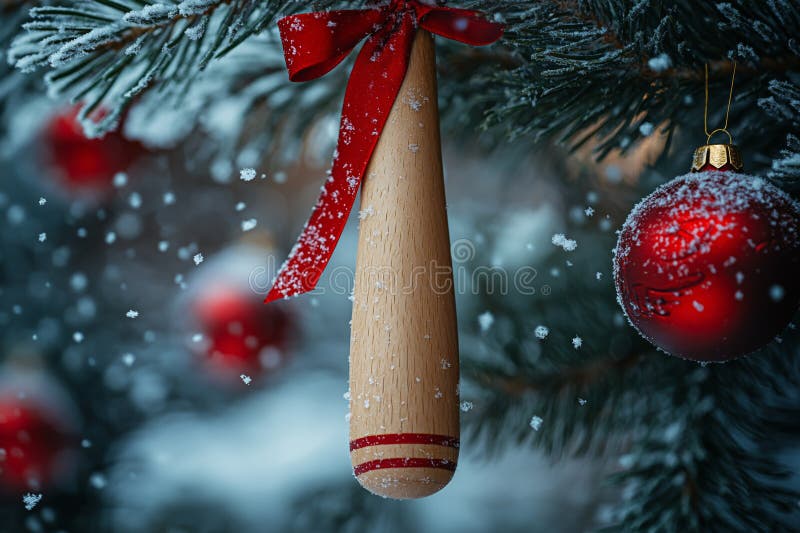 A Christmas Ornament in the Shape of a Baseball Bat with a Red Ribbon ...