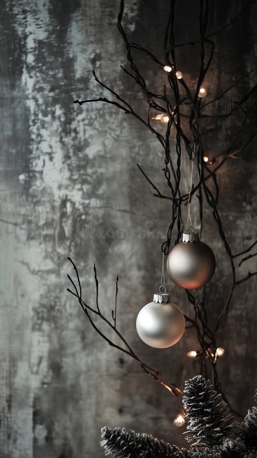 Christmas Ornaments Hanging on Branches Wrapped with String Lights ...