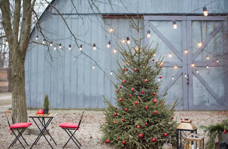Christmas Outdoor Terrace with Table Chairs Stock Image - Image of ...