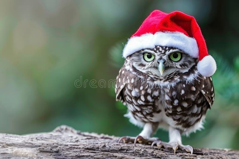 Christmas Owl in Santa Hat on Festive Background for Ads, Postcards ...