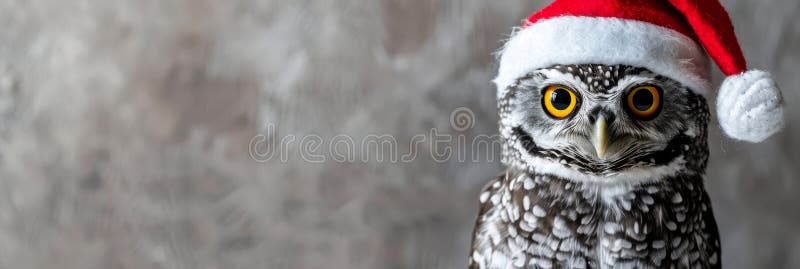 Christmas Owl in Santa Hat on Holiday Backdrop for Ads, Postcards with ...