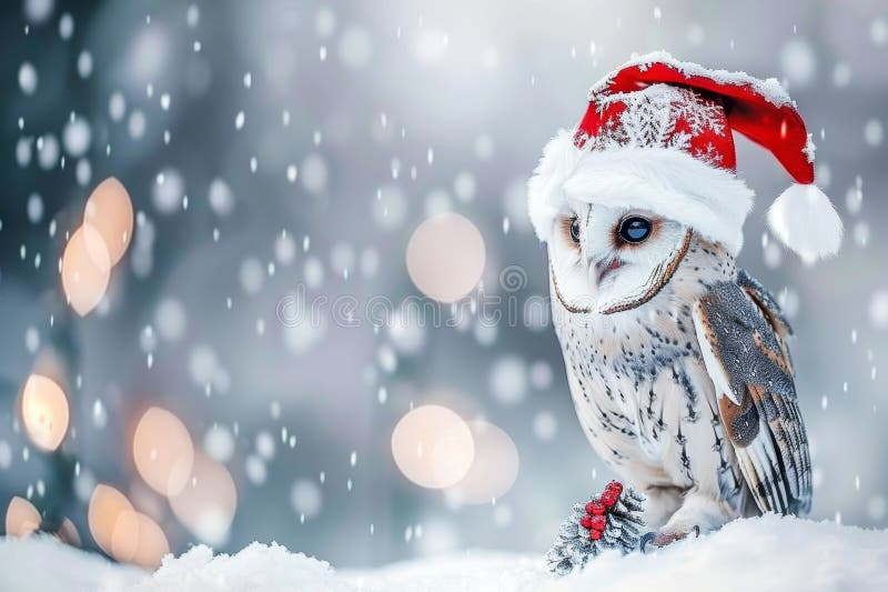 Christmas Owl in Santa Hat on Holiday Background for Ads, Postcards ...