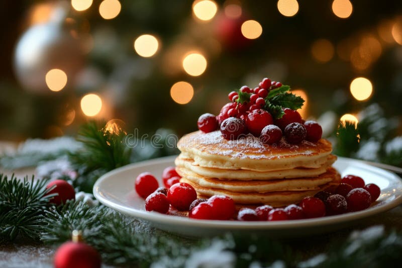Christmas Pancakes with Cranberries and Powdered Sugar Stock ...