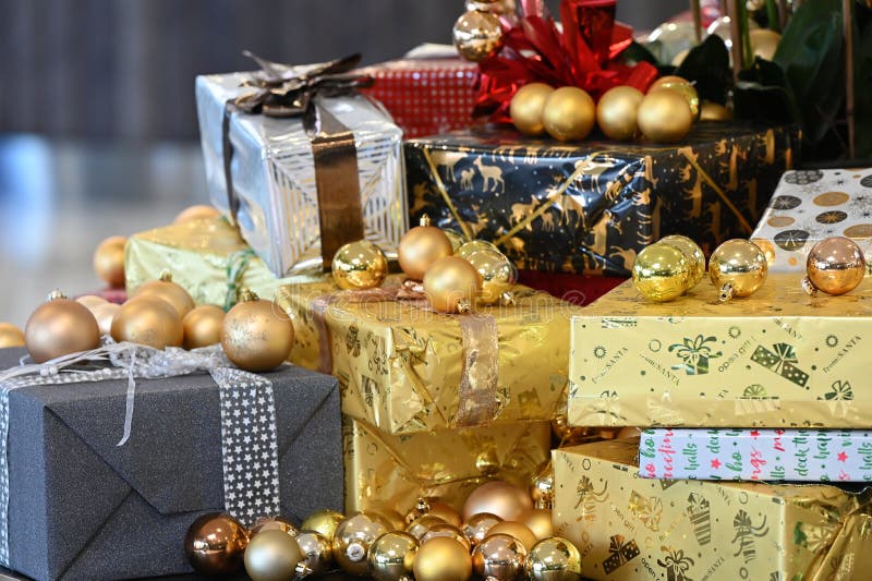 Christmas Parcels and Christmas Decorations on a Table Stock Image ...