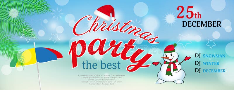 Christmas Party At The Beach Banner Seashore With Palm And Snowman