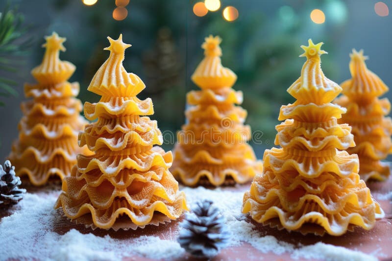 Christmas Pasta Shaped Like Trees on a Dusting of Flour with Decorative ...