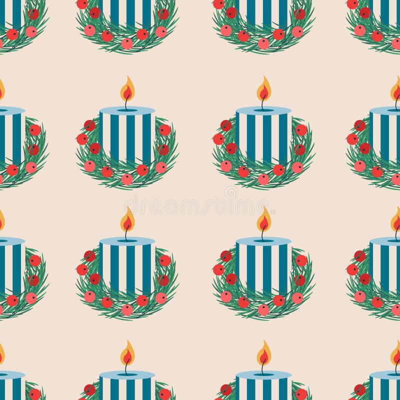 Christmas Pattern with Candle and Mistletoe Leaves Stock Vector ...