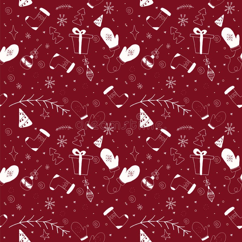Christmas Pattern in Dark Red Color with Doodle Elements. Stock Vector ...